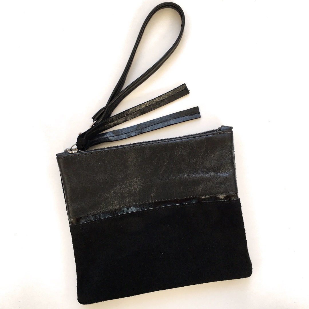 Black Divide Double Zip Bag, Repurposed Leather and Suede Zippered ...