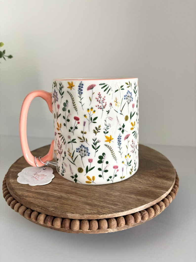 Bella Floral Ceramic Coffee Mug With Orange Handle - Etsy