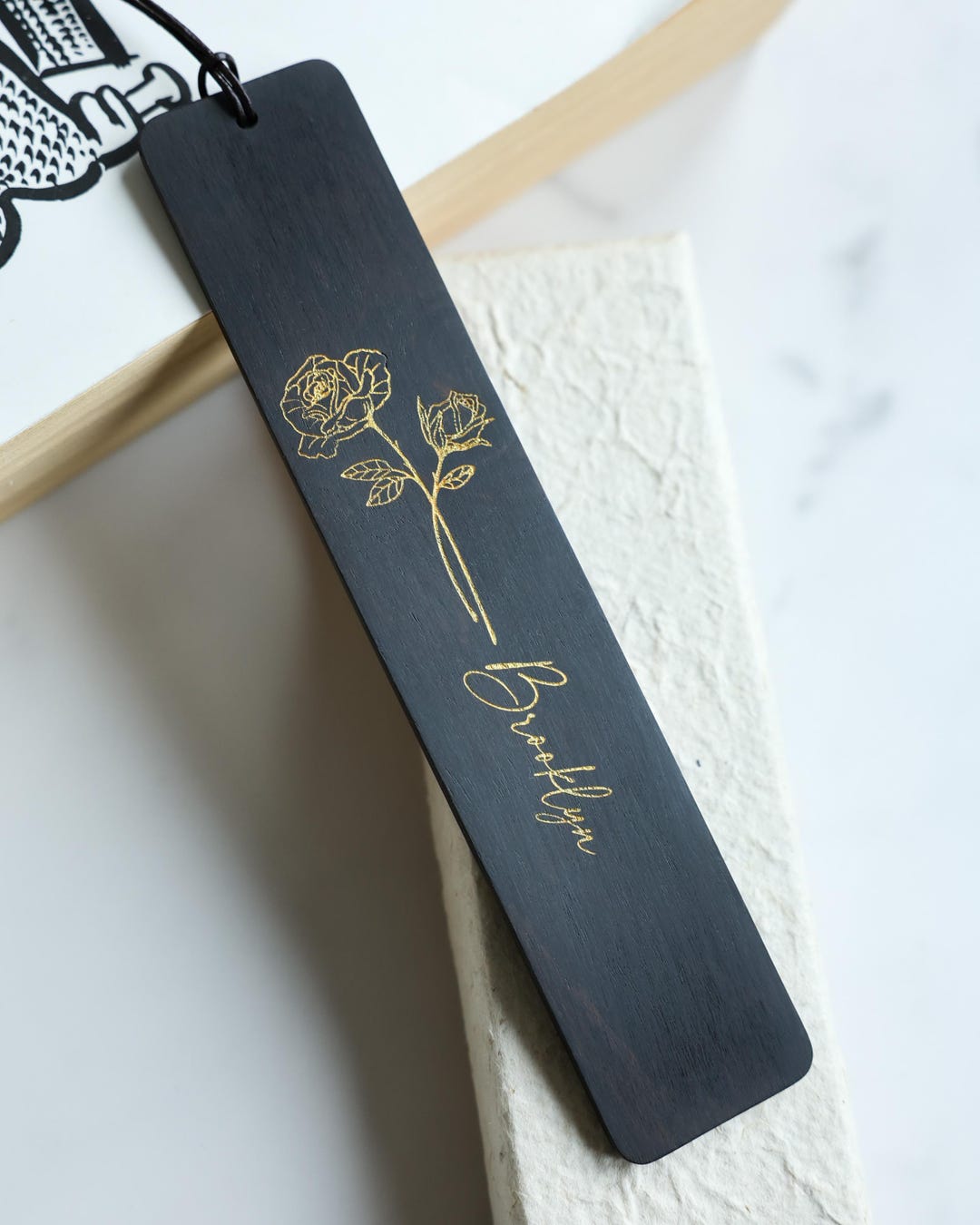 Personalized Birth Flower Bookmark With Name, Ebony Wood Laser Engraved ...