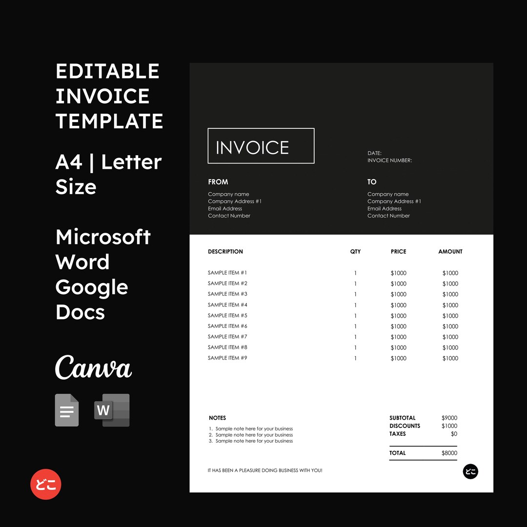 Editable Professional Invoice Template for Canva, Word & Google Docs ...