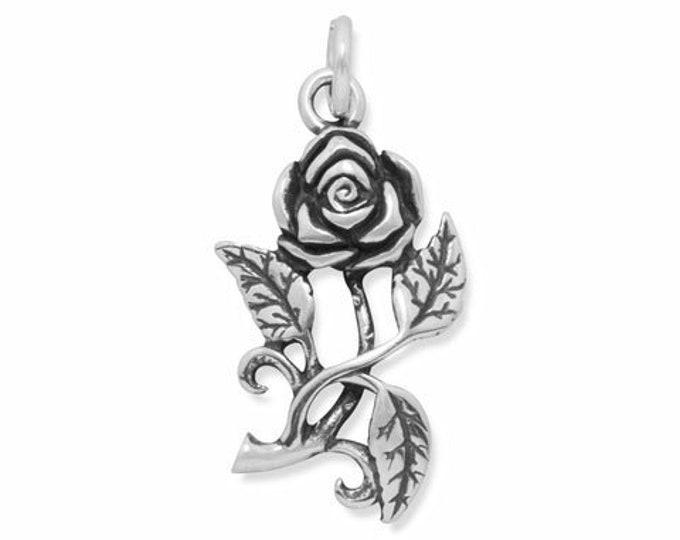 Rose Charm, New Sterling Silver Rose With Three Leaves Charm, Sterling ...
