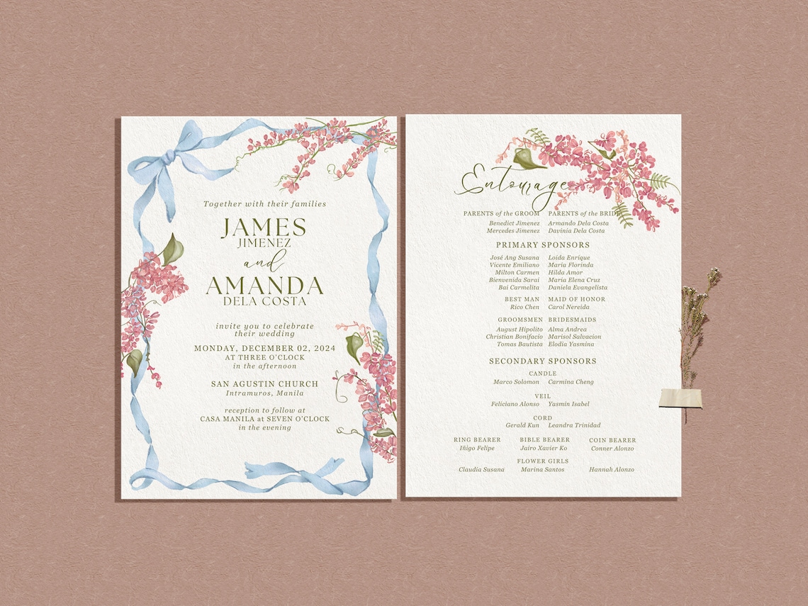 Summer Pink Flowers Wedding Invitation Template Basic Suite, Floral ...