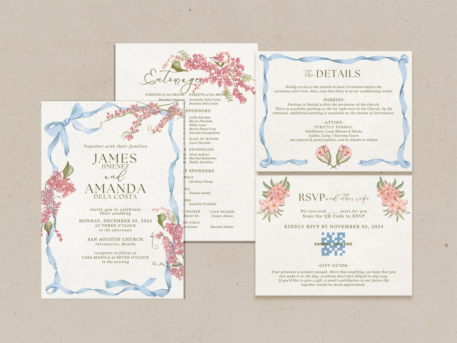 Summer Pink Flowers Wedding Invitation Template Basic Suite, Floral ...