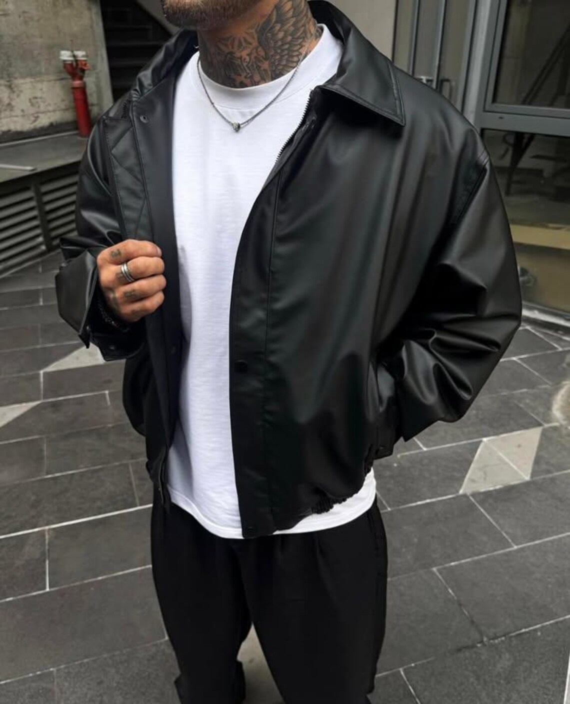 Men's Oversized Leather Jacket Vintage-inspired Black Bomber Coat ...
