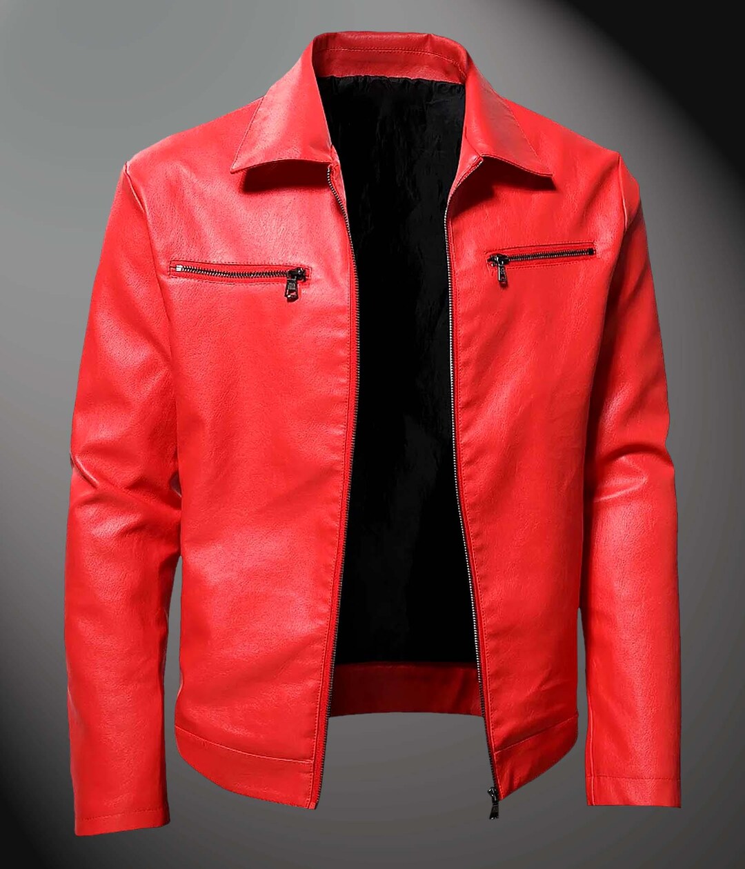 Men's Red Leather Jacket Bold Moto Style, Zippered Pockets, Lightweight ...