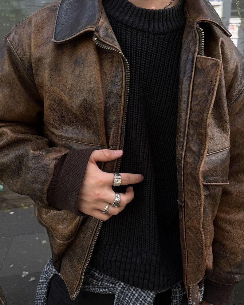 Vintage Distressed Leather Bomber Jacket Retro Brown Aviator Coat 90s ...