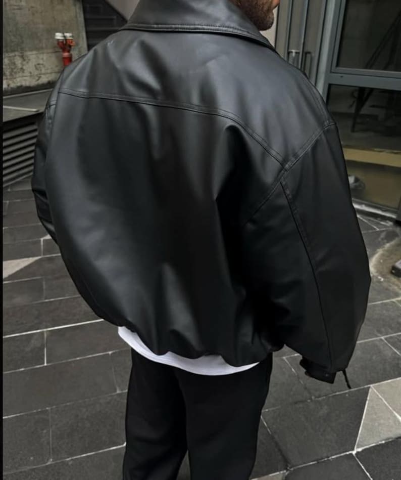 Men's Oversized Leather Jacket Vintage-inspired Black Bomber Coat ...