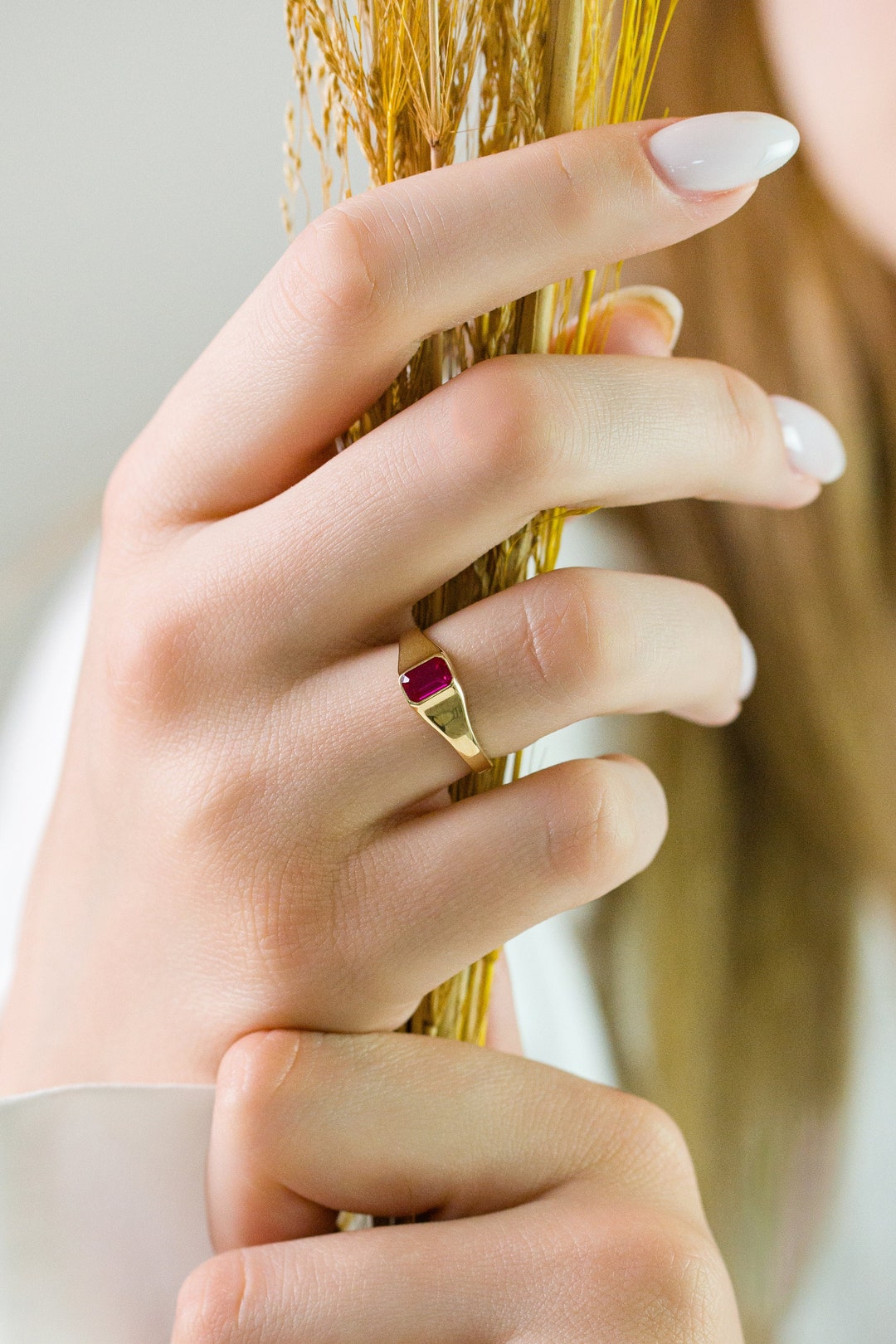 14k Yellow Gold Rectangular Red Stone Ring, Emerald Cut Red Ruby ...