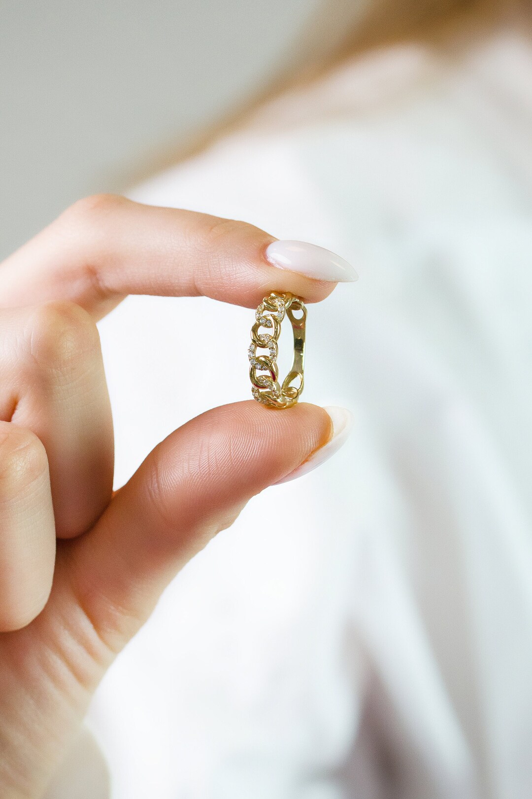 Gold Chain Ring With Crystal, 14k Solid Gold Simple Ring, Chain Ring in ...