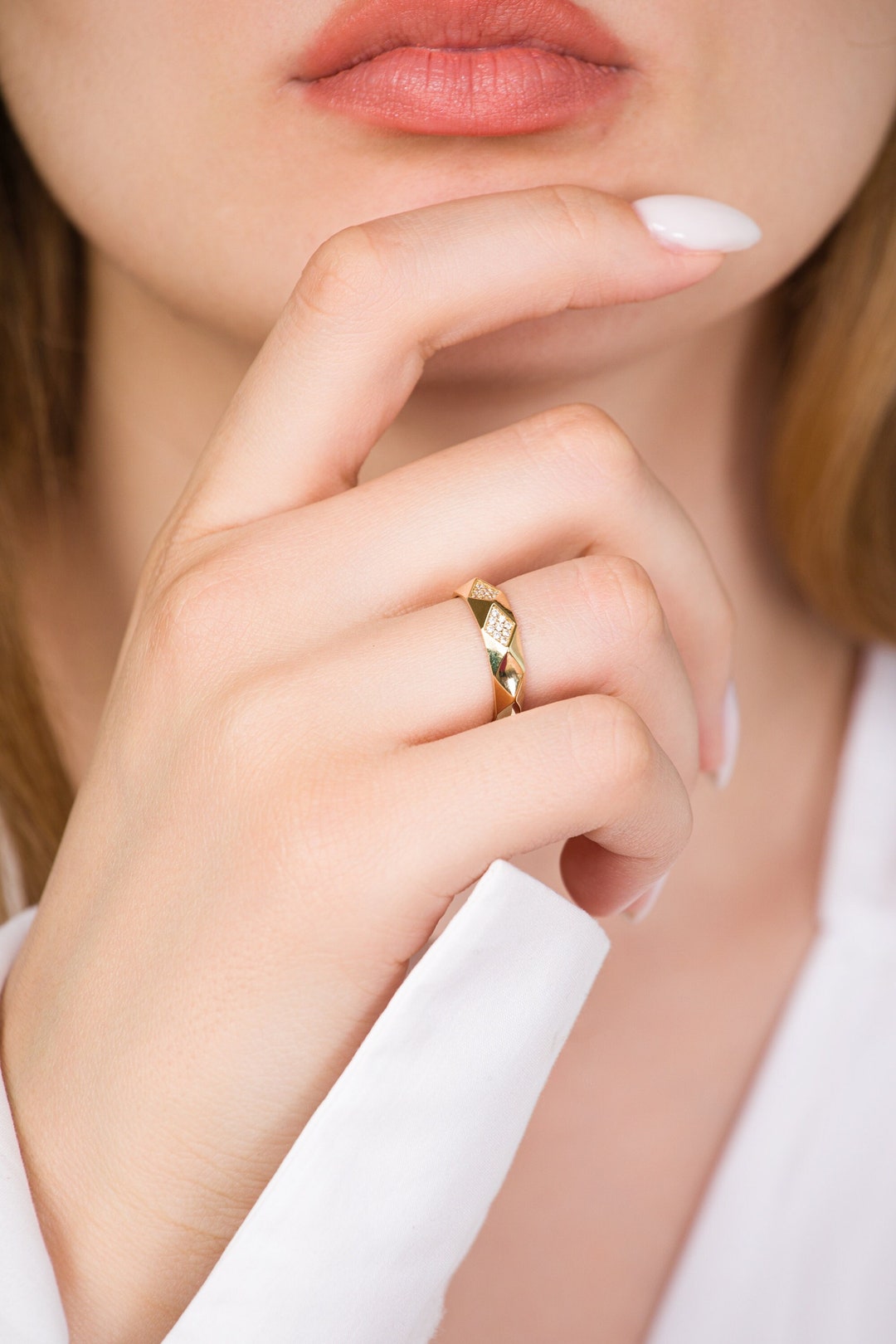 Diagonal Diamond Ring 14K Gold Ring, Ladies Yellow Gold and Diamond ...