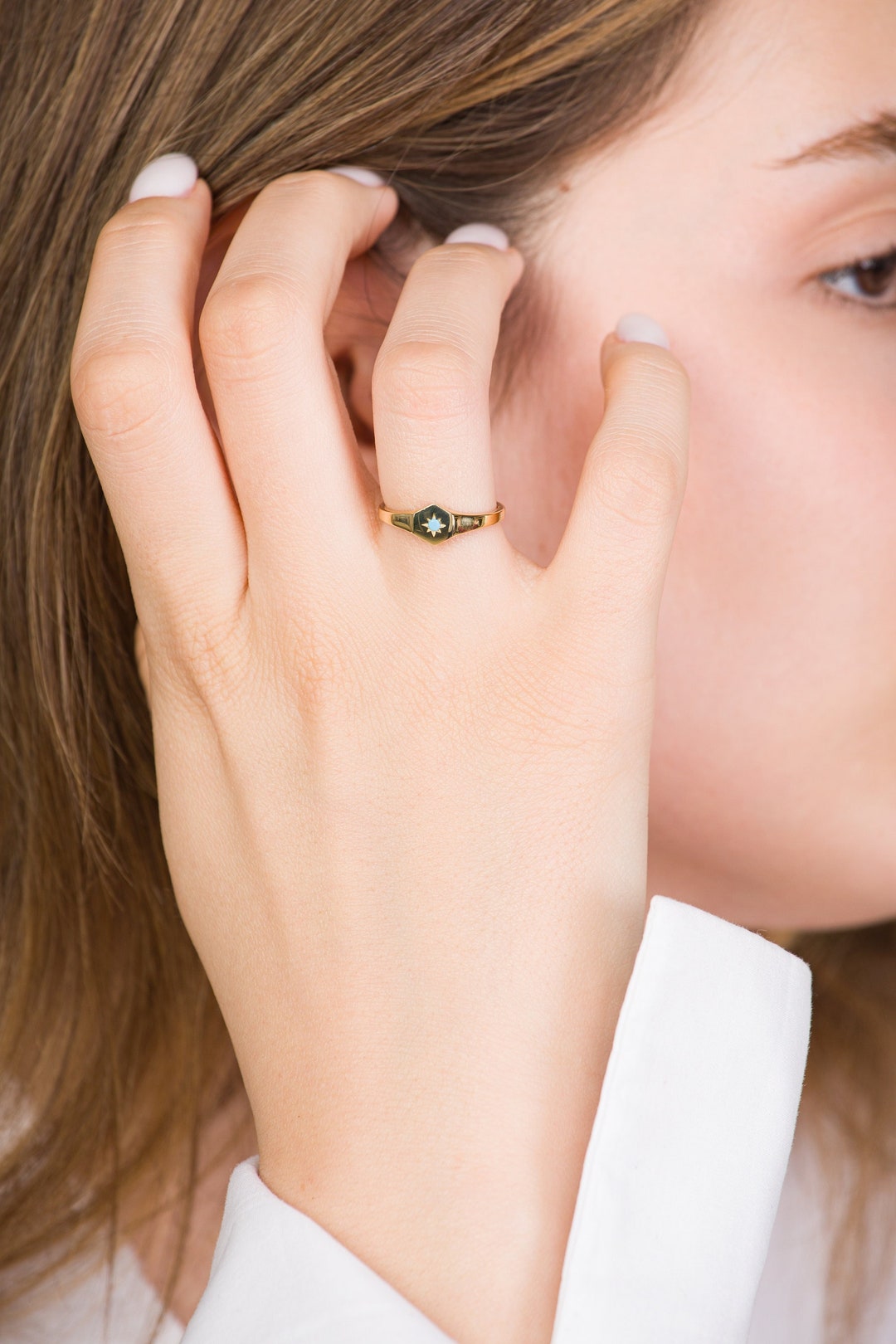 14k Gold Blue Star Pinky Ring, Solid Gold Tiny Signet Ring, Slim Pinky ...