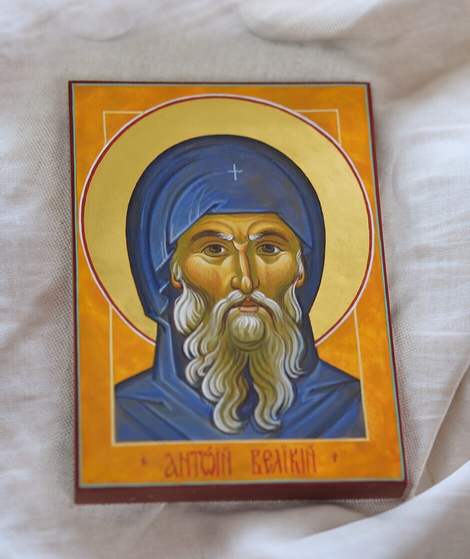 Handcrafted Icon of Saint Anthony the Great - 18x14 Cm With 23.5 Carat ...