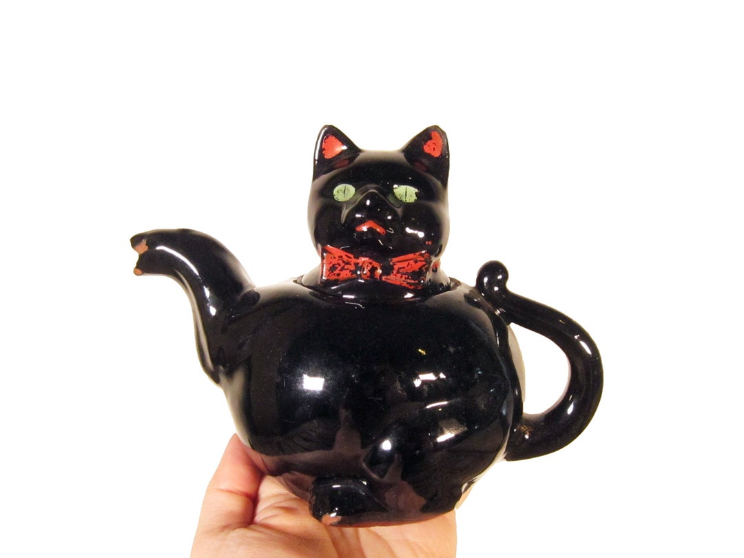 Vintage 1950s Shafford Black Cat Teapot Mid Century Mod Redware Red Bow ...