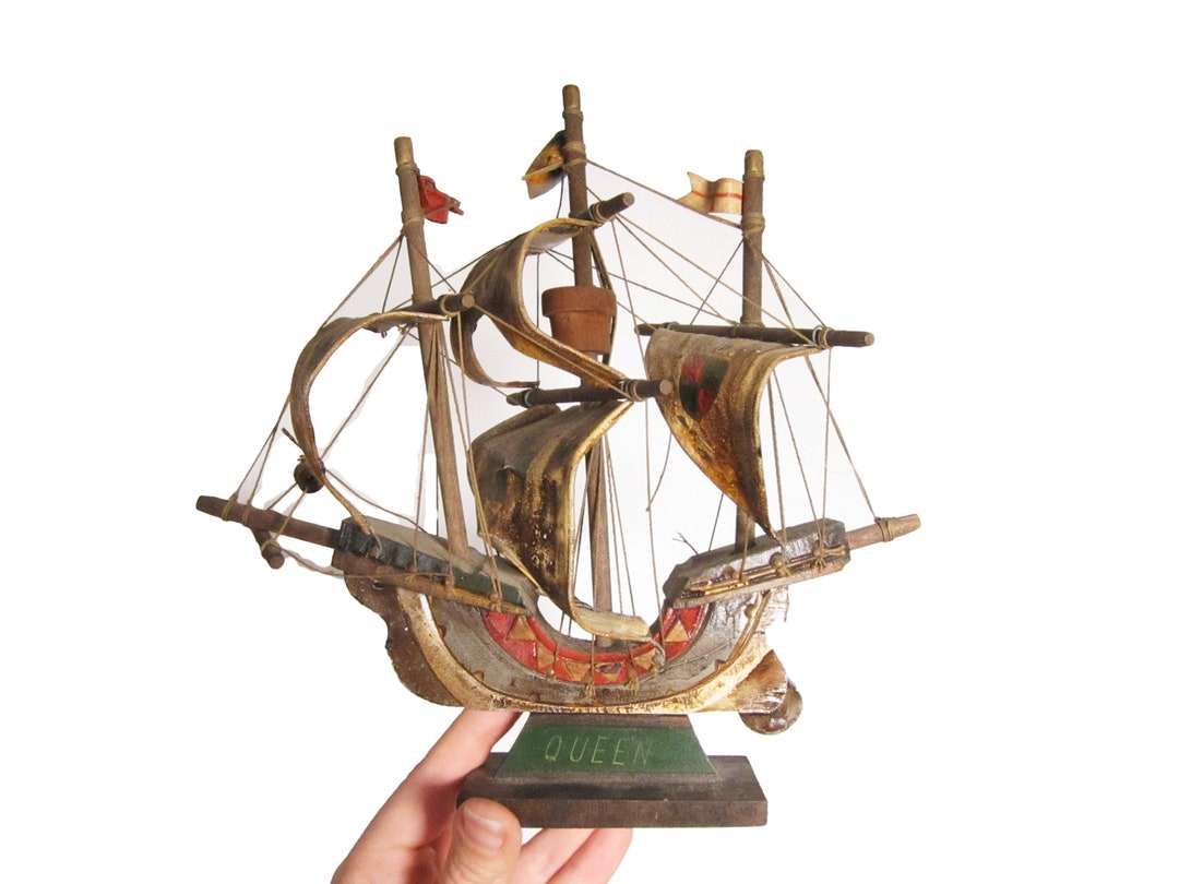 Vintage Ship Model Mid Century Wooden Ship the Queen Canvas String Wood ...