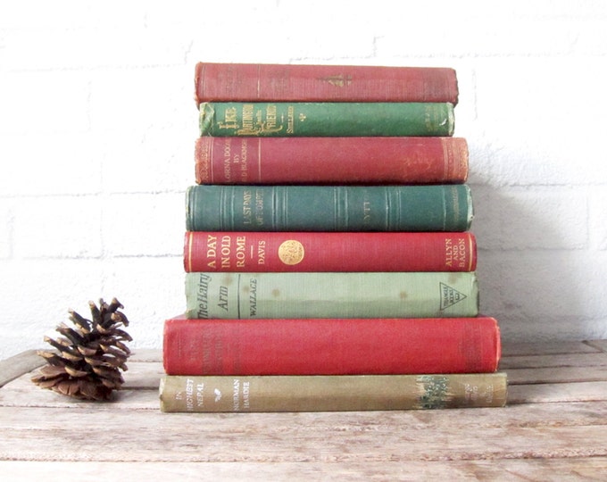 Vintage Red and Green Books - Rustic Christmas Decor - Set of 8 Antique ...