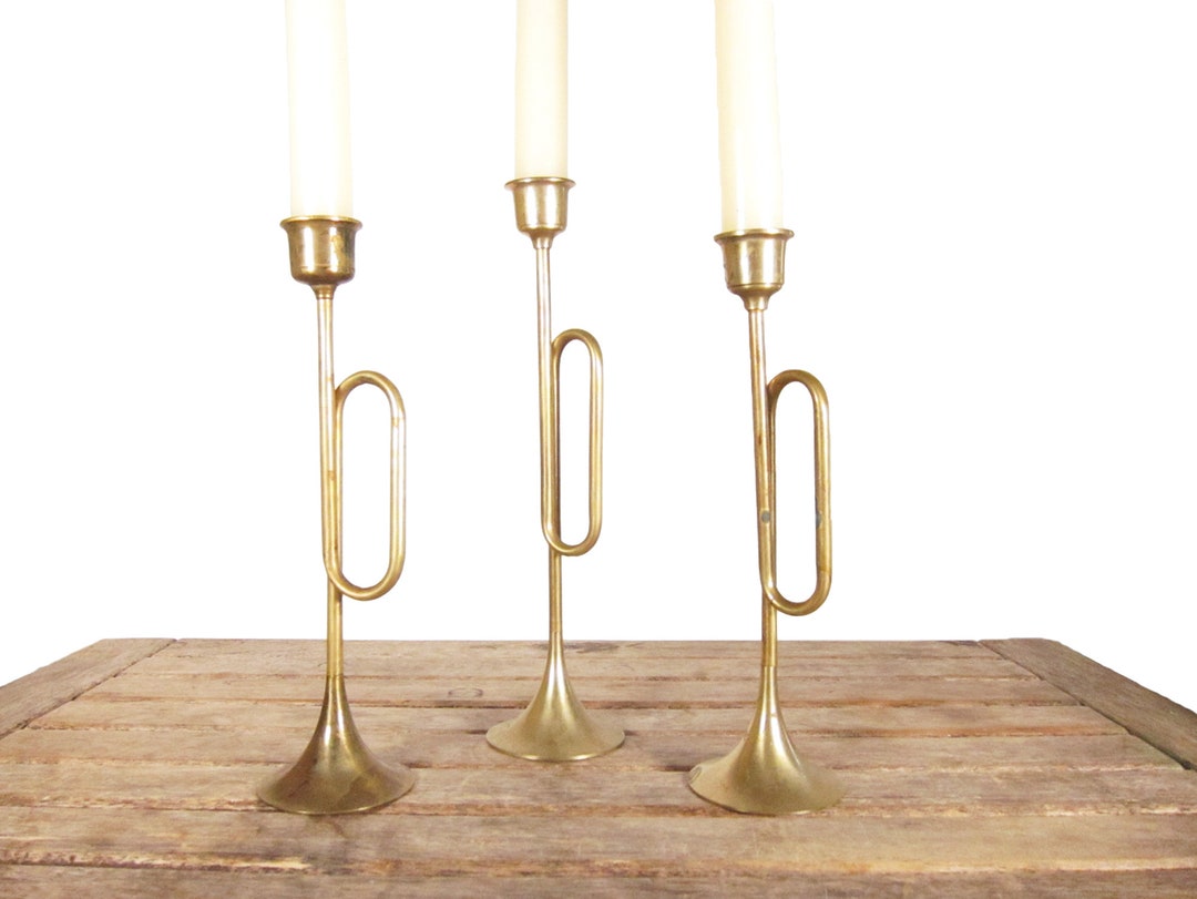 Vintage Brass Candlesticks set of Three Brass Candle Sticks Trumpet ...