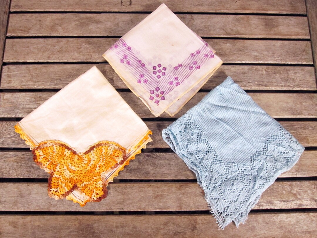 Set of 3 Vintage Handkerchiefs 1940s Pocket Squares Antique Textiles ...