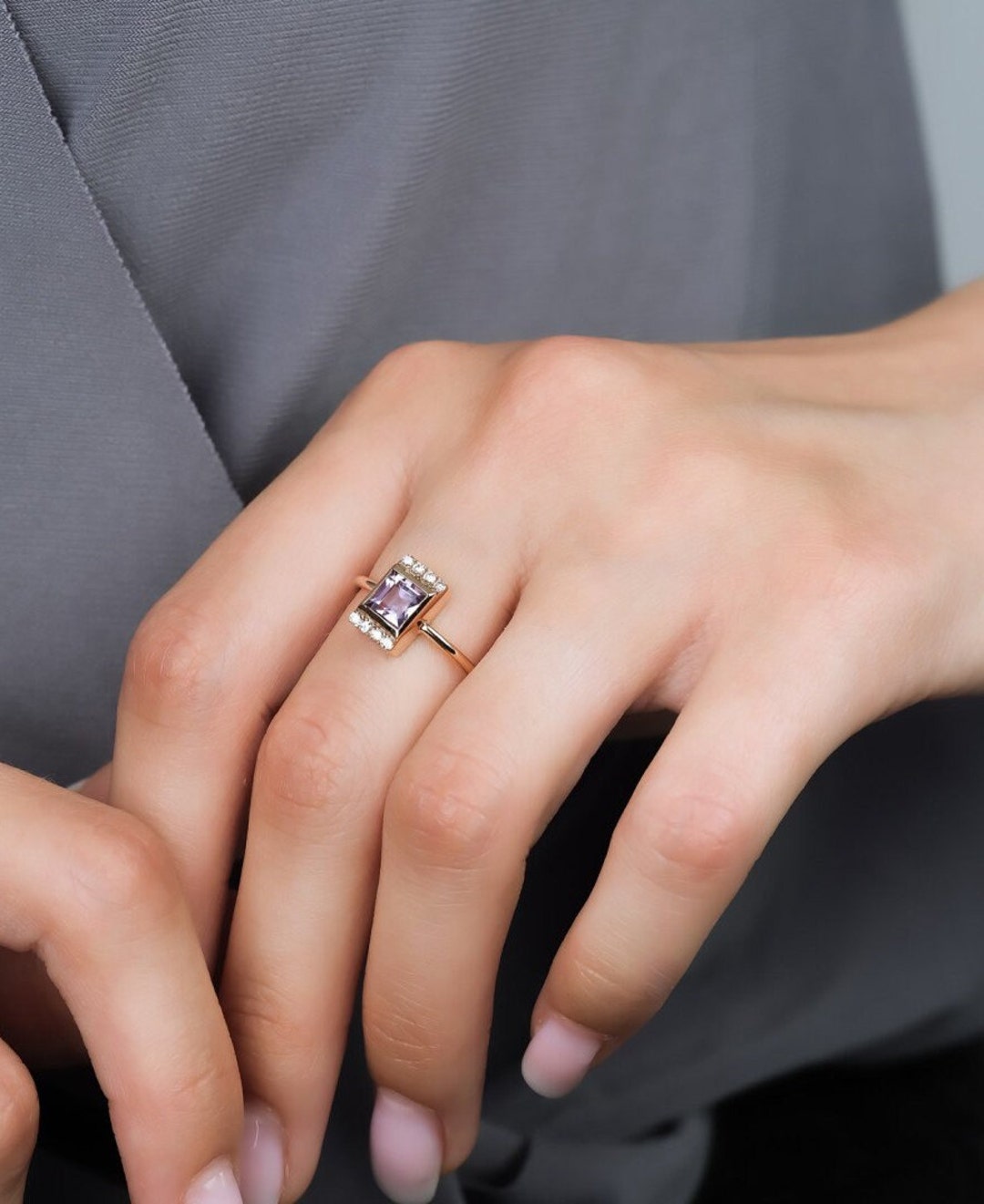 Amethyst Stone Diamond Ring 14K Gold - Etsy
