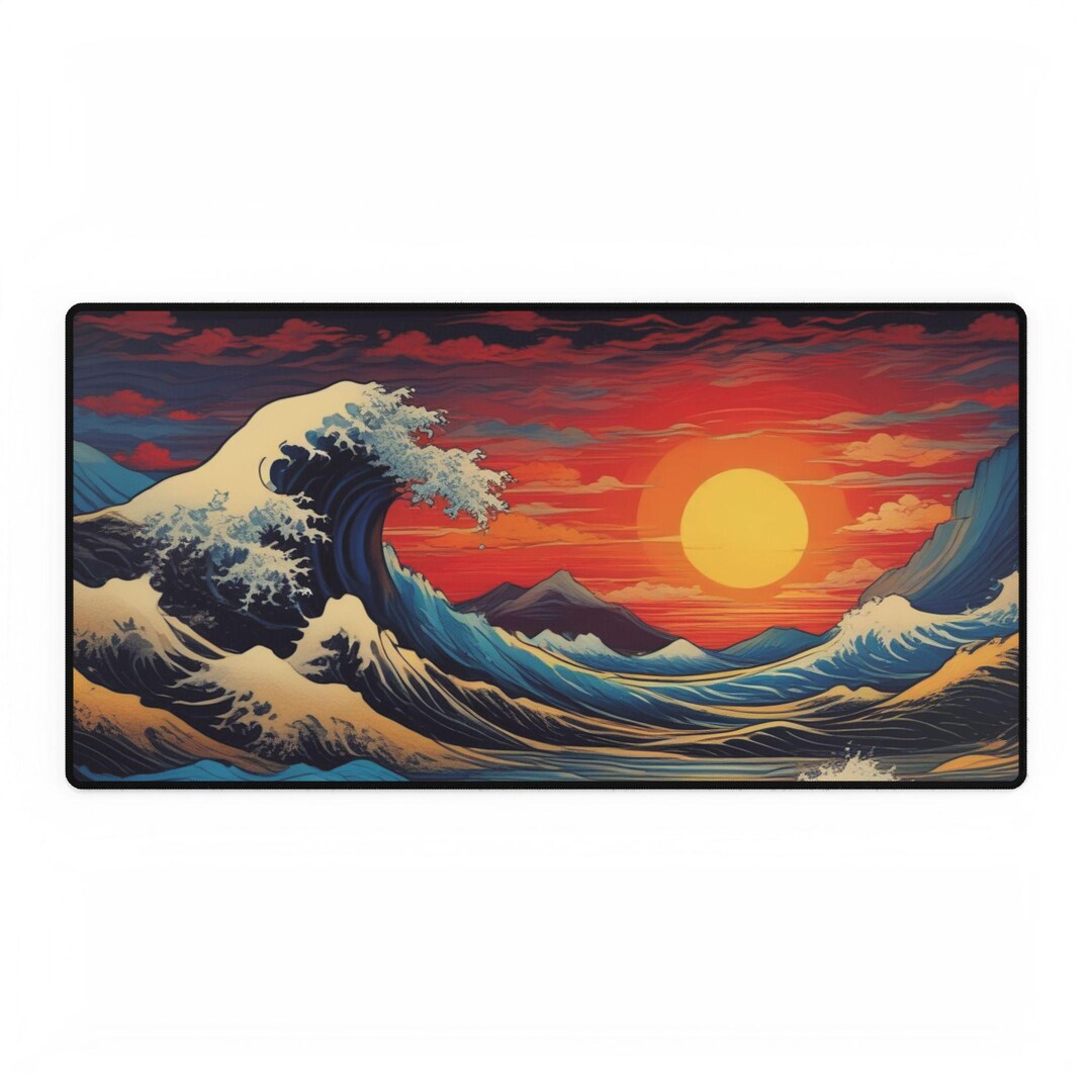 Japanese Waves Desk Mat, Asian Art Mouse Pad, Zen Office Decor, Ocean ...
