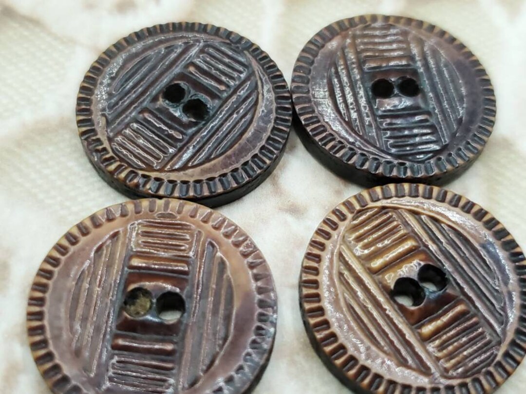 Vintage Buttons - 4 Matching Wafer Style Carved Celluloid, Medium Brown ...
