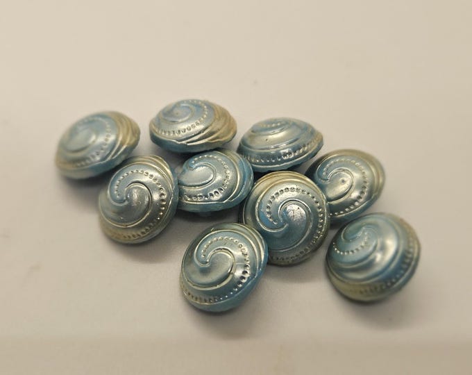 Vintage Buttons, 9 Matching Iridescent Blue Shell Shape Glass Small 3/8 ...