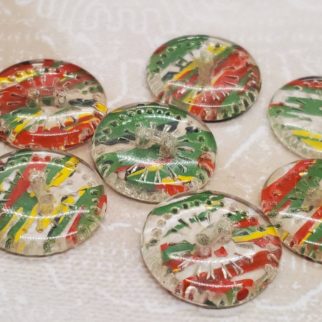 Vintage Button 7 Beautiful Multi Color Reverse Painted Glass, Design ...