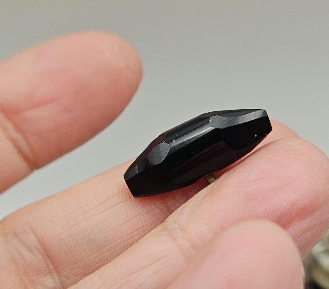 Vintage Jet Black Glass Button: Iridescent Faceted Toggle, Metal Shank ...
