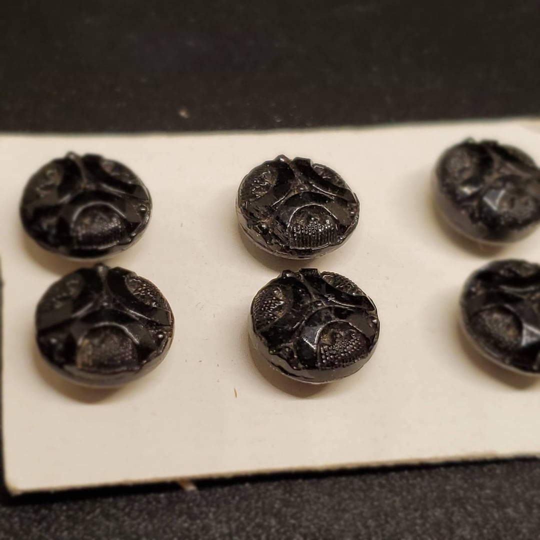 Vintage Buttons, 6 Tiny Black Jet Glass Carved Design 1930's Glass 1/3 ...