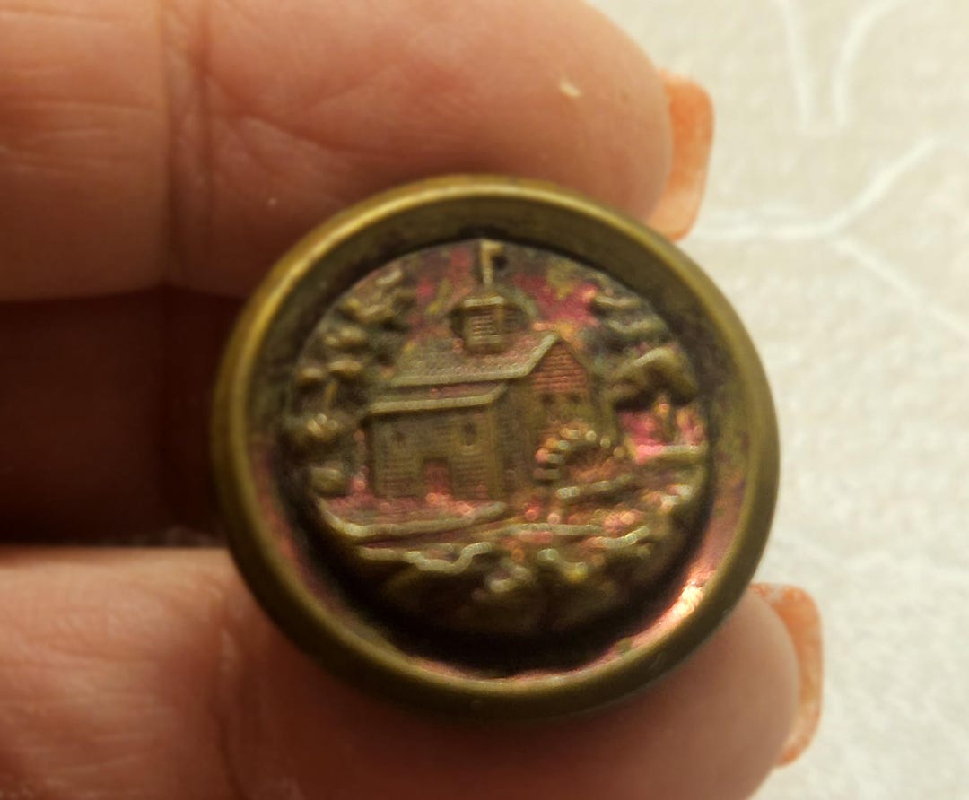 Vintage Buttons - 1 Collector Molded Red Tinted Metal, Large Church ...