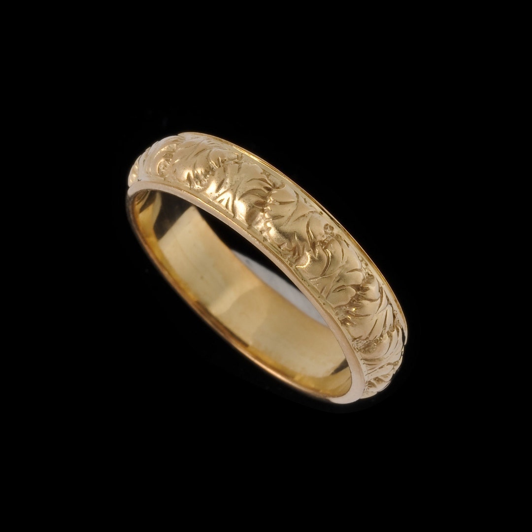 Narrow Fig Leaf Wedding Band Engraved Collection 2528XG - Etsy