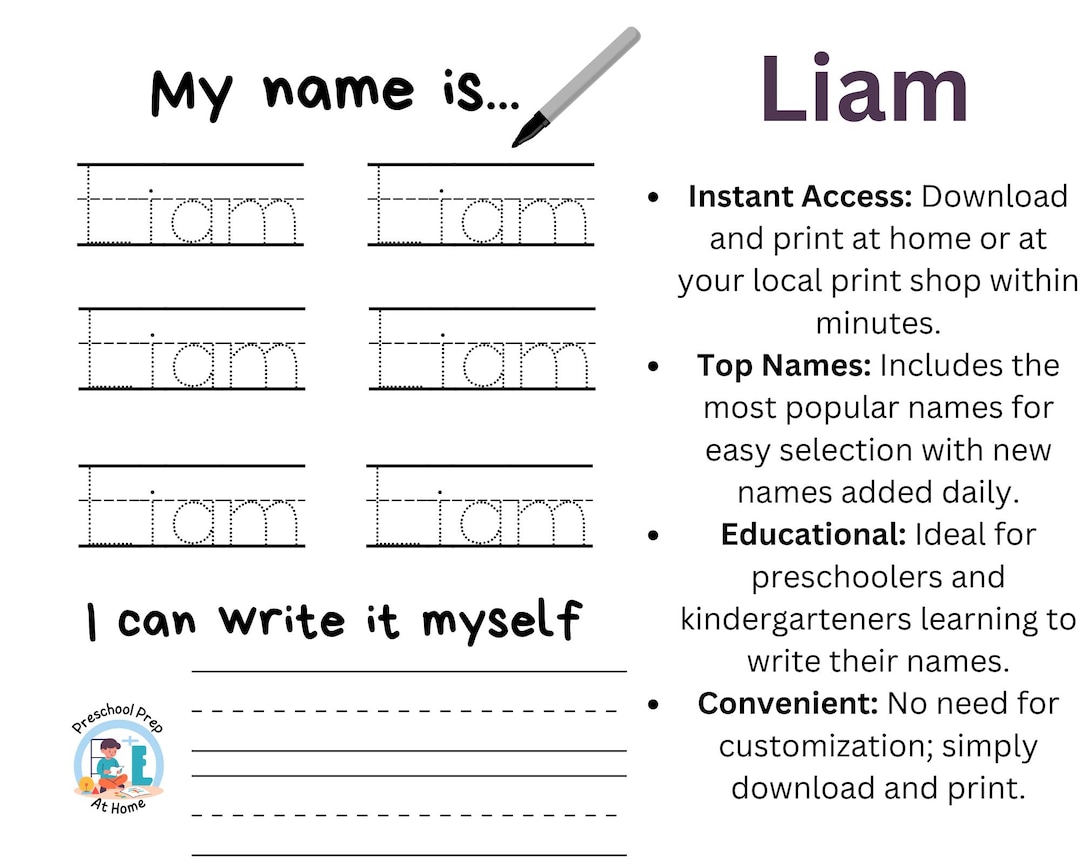 Liam Downloadable Name Tracing File Top 100 Names Inventory Instant ...