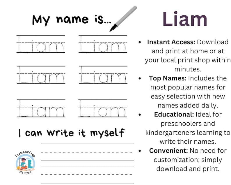 Liam Downloadable Name Tracing File Top 100 Names Inventory Instant ...