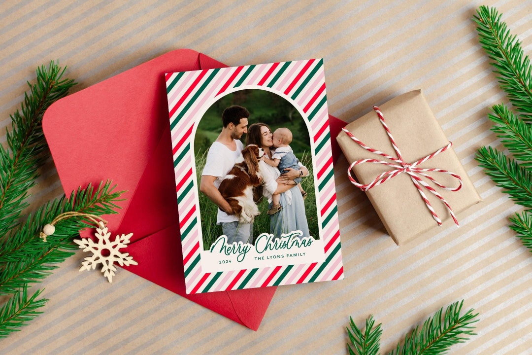 Preppy Christmas Stripes Holiday Photo Card Editable Template | Vintage ...