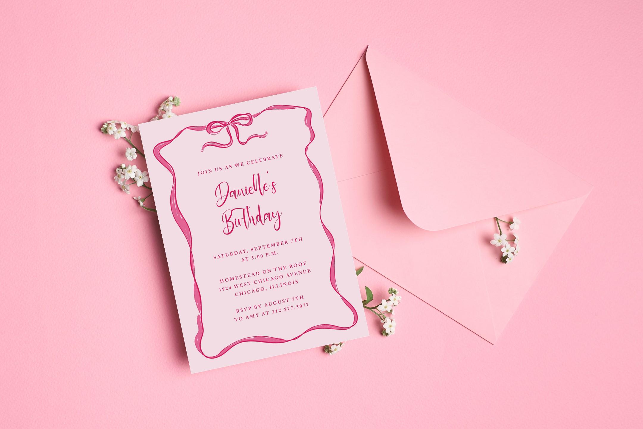 Editable Preppy Pink Coquette Birthday Party Invitation Design ...