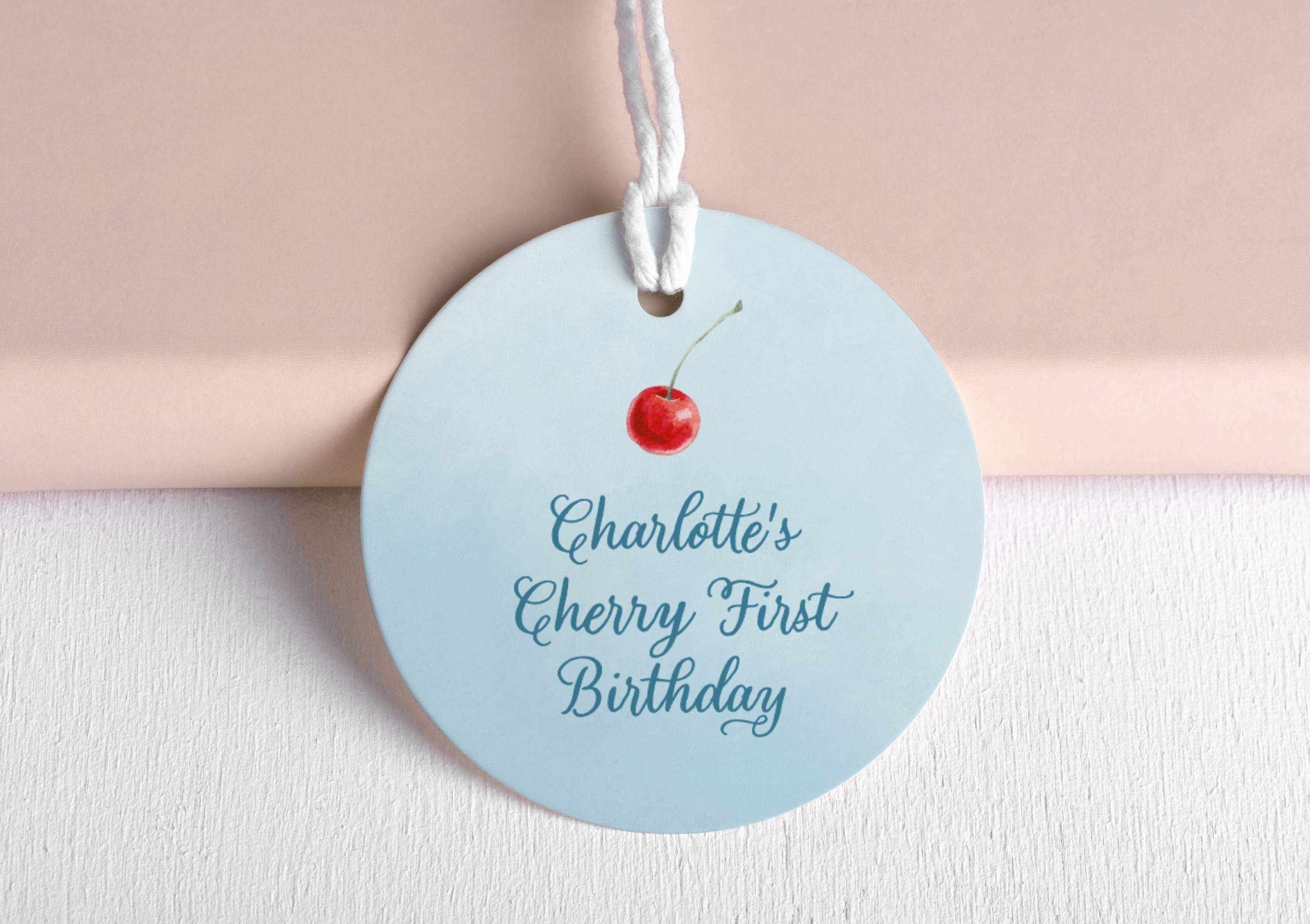 Editable Cherry First Birthday Party Circle Favor Tag Design ...