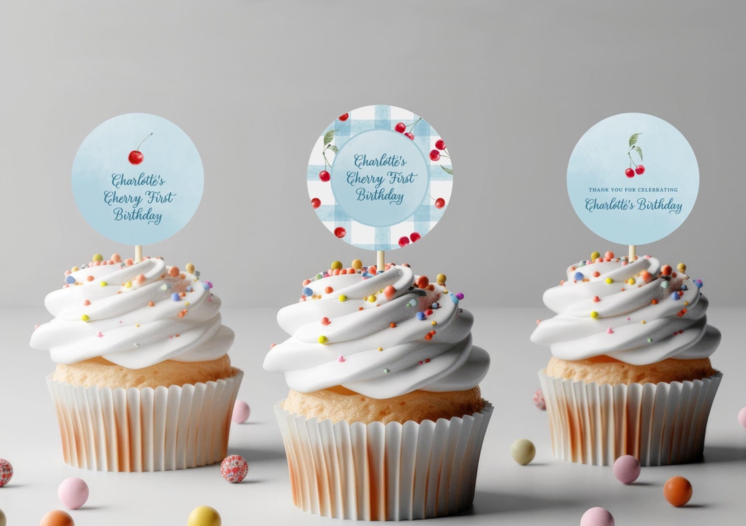 Editable Cherry First Birthday Party Cupcake Topper Design | Printable ...