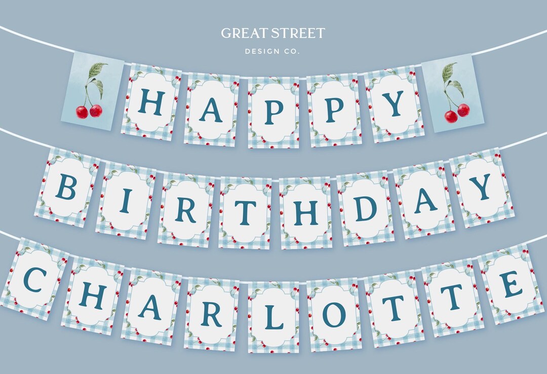 Editable Cherry First Happy Birthday Party Banner Design | Printable ...