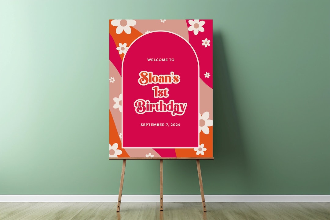 Editable One Groovy Baby Retro Disco Birthday Party Welcome Sign Design ...