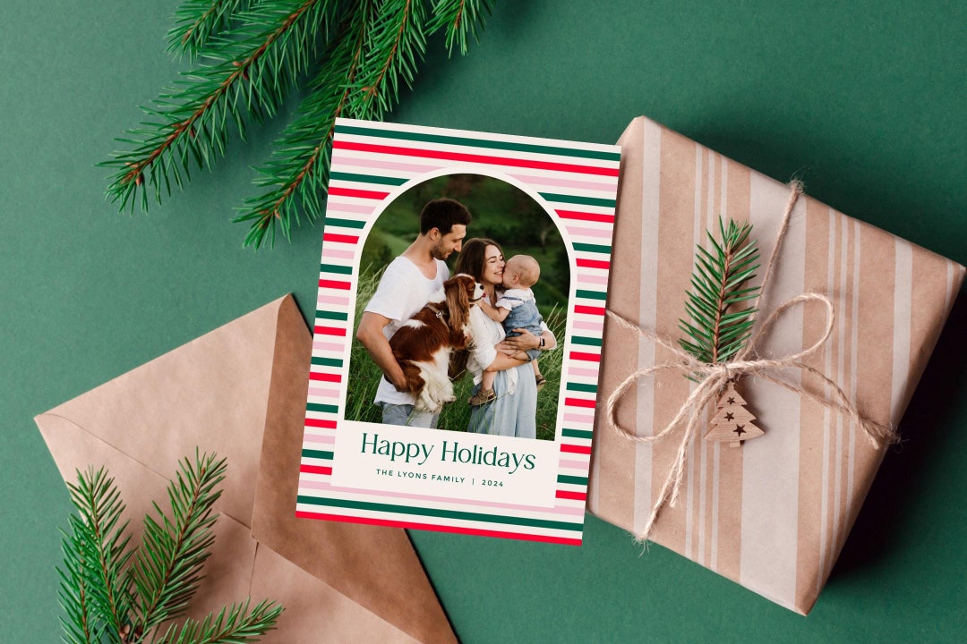 Preppy Christmas Stripes Holiday Photo Card Editable Template | Vintage ...