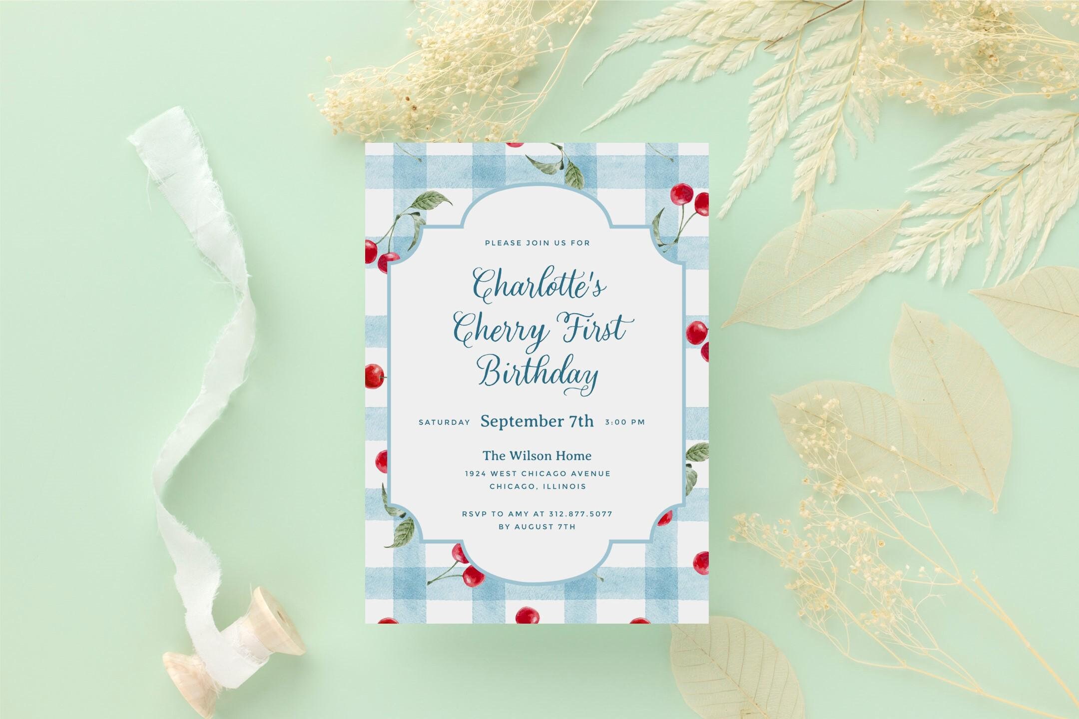 Editable Cherry First Birthday Party Invitation Design | Printable ...