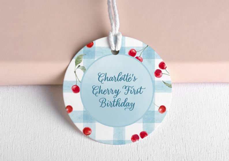 Editable Cherry First Birthday Party Circle Favor Tag Design ...