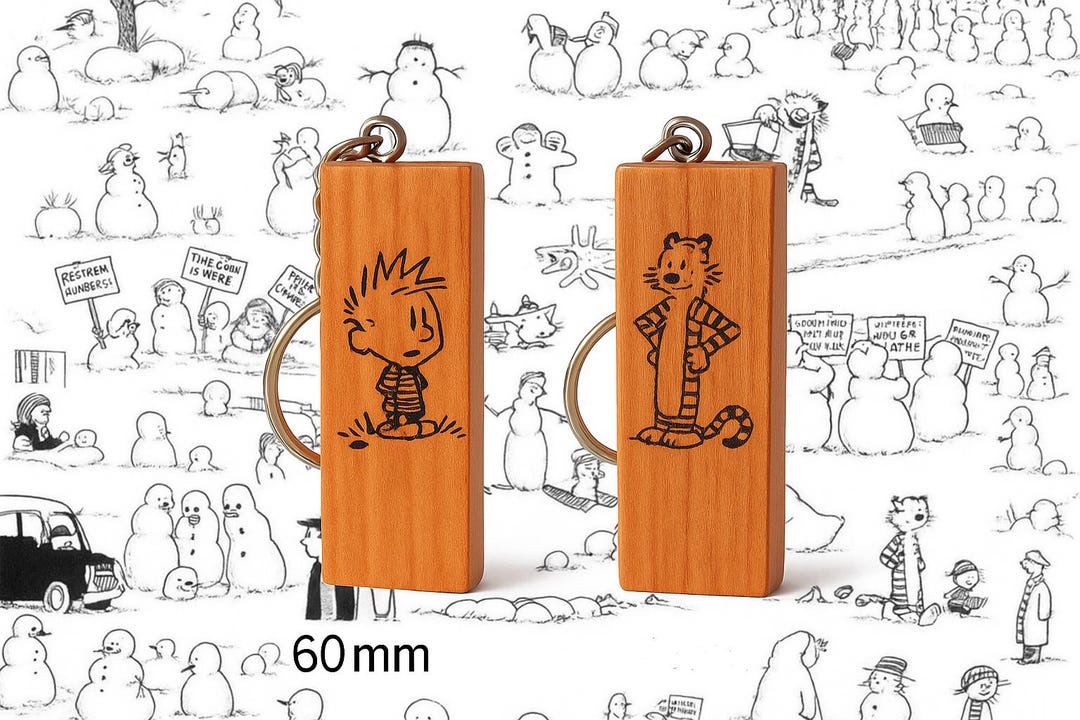 Calvin and Hobbes Cherry Wood Keyring Set: Handmade Engraved Keychain ...
