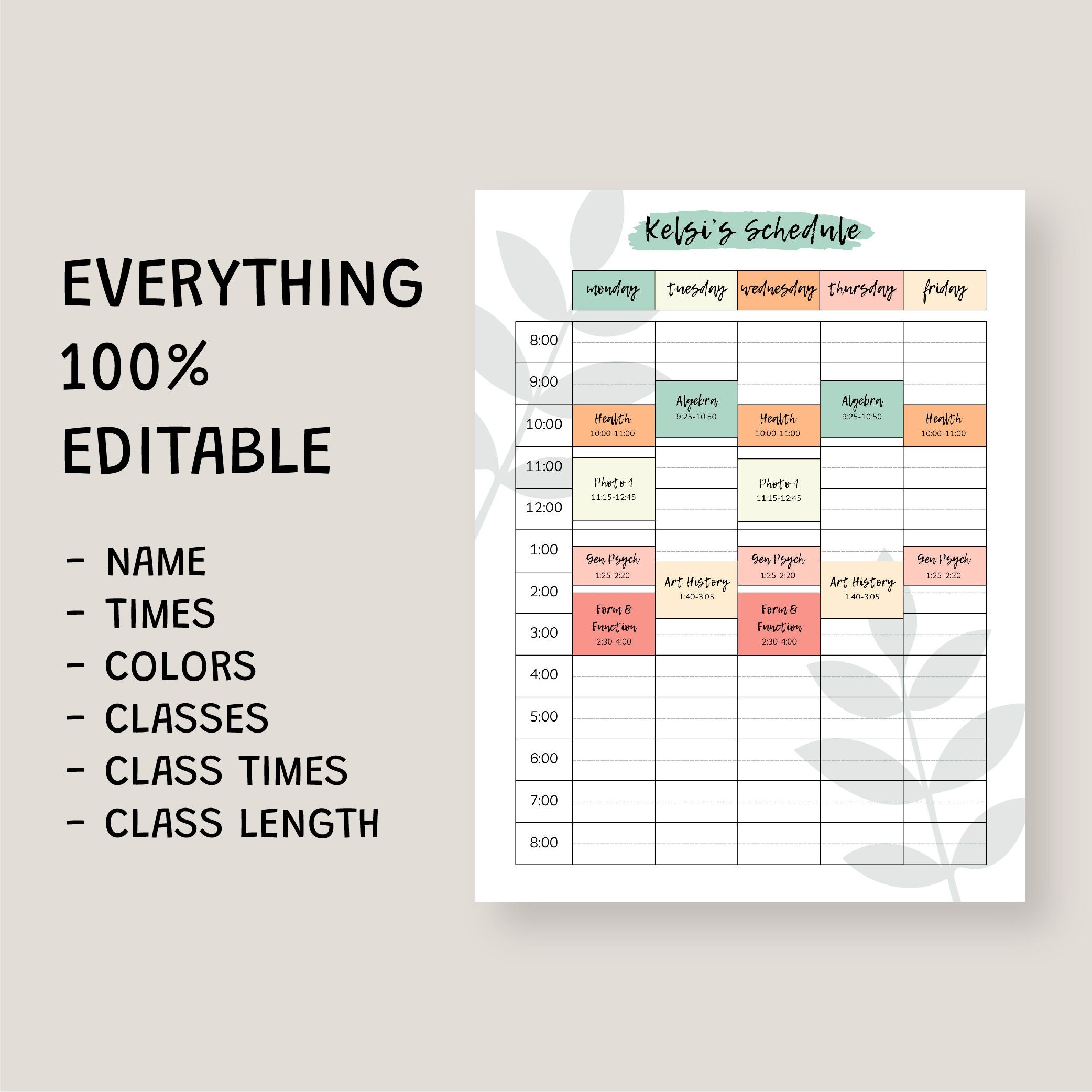 Class Schedule Template (college/high School), Edit in Canva, 13 and 15 ...
