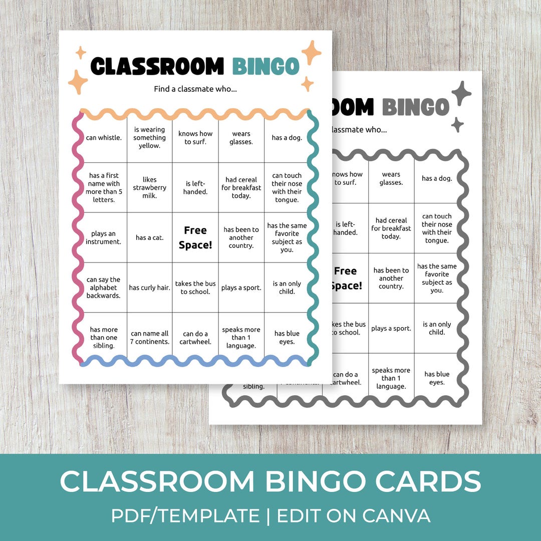 Classroom Bingo Card, Color and B&W, Editable on Canva, Back to School ...