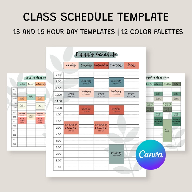 Class Schedule Template (college/high School), Edit in Canva, 13 and 15 ...
