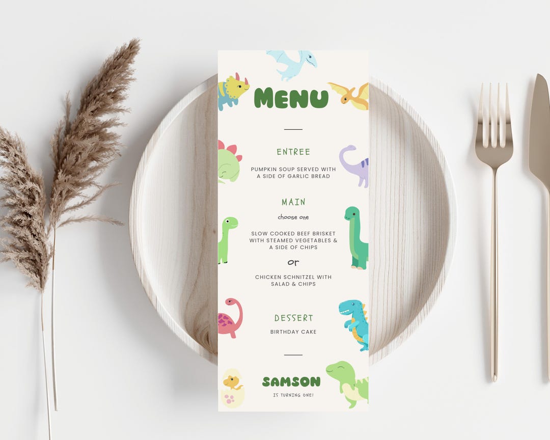 Dinosaur Birthday Menu Modern Dinosaur Girl Birthday Party Editable ...