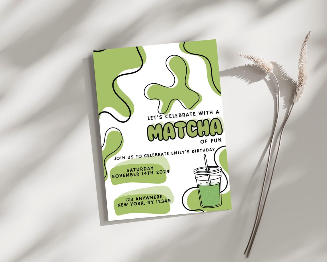 EDITABLE Green Matcha Birthday Invitation, Matcha Themed Birthday ...