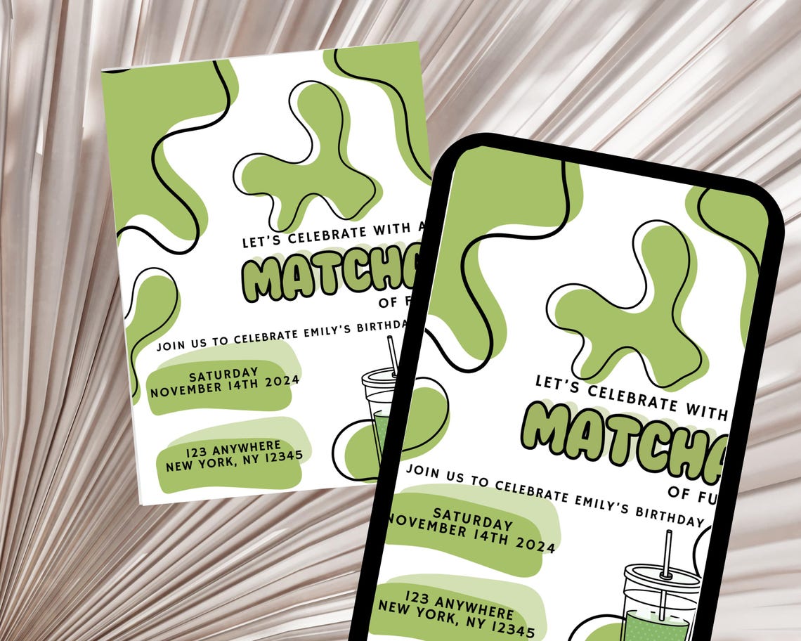 EDITABLE Green Matcha Birthday Invitation, Matcha Themed Birthday ...