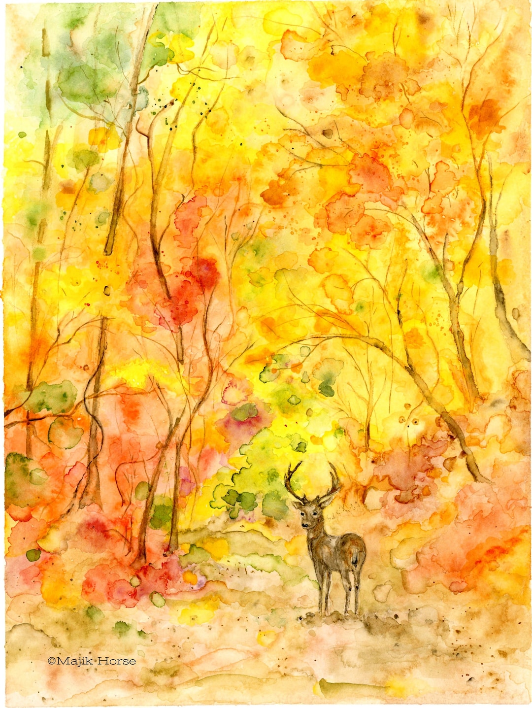Forest Art Print, Deer Painting, Autumn, Fall, Watercolor Landscape ...