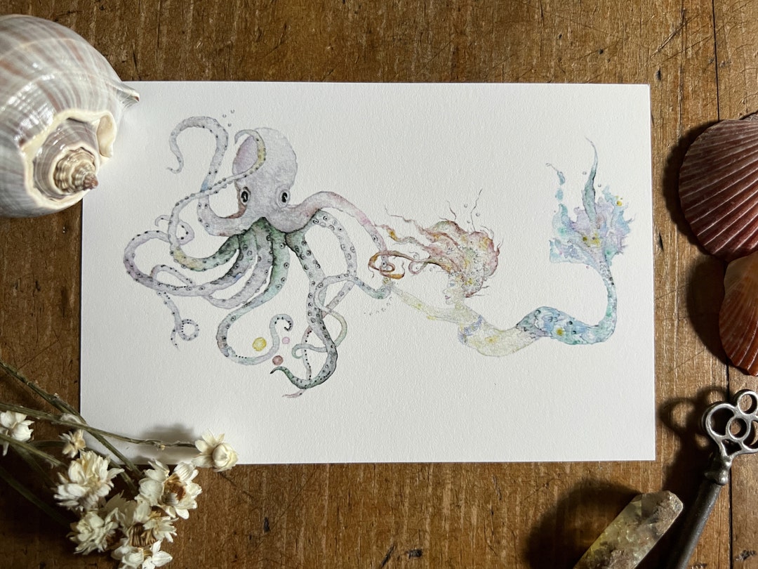 Mermaid Art, Mermaid Print, Mermaid & Octopus Watercolor Painting ...